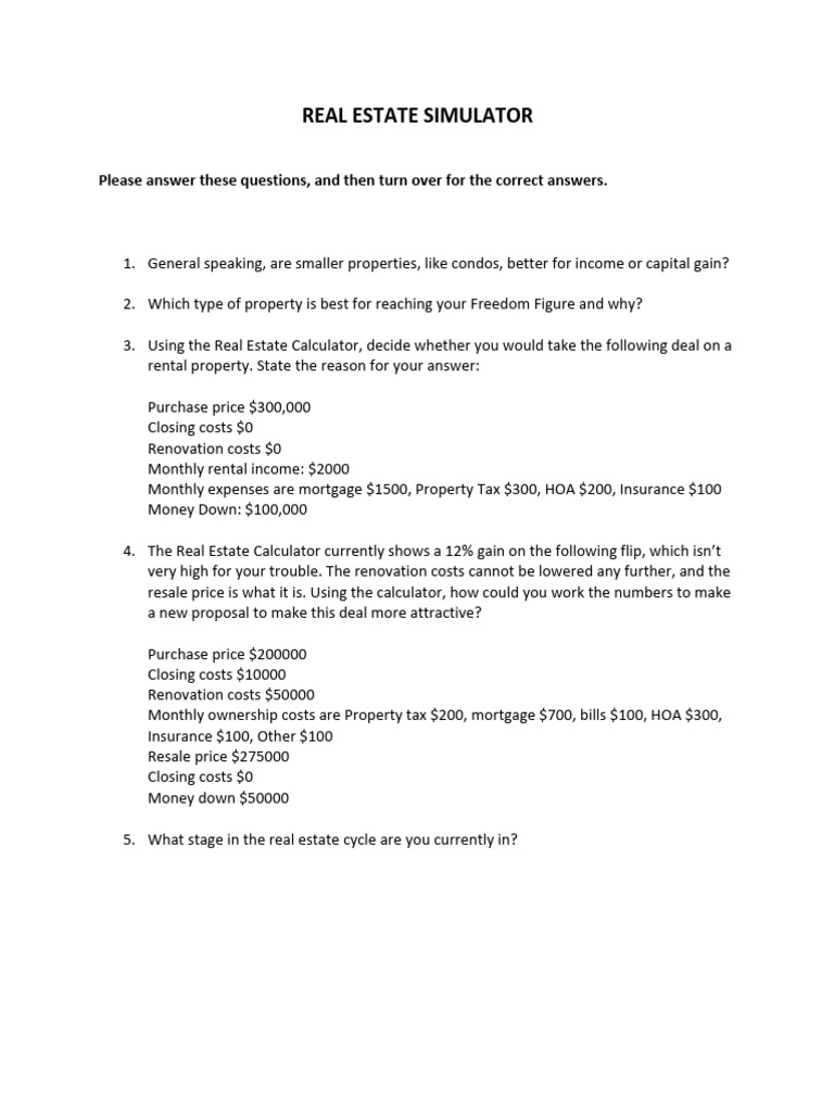 REAL ESTATE SIMULATOR Copy 2 | PDF | Capital Gain | Property Tax