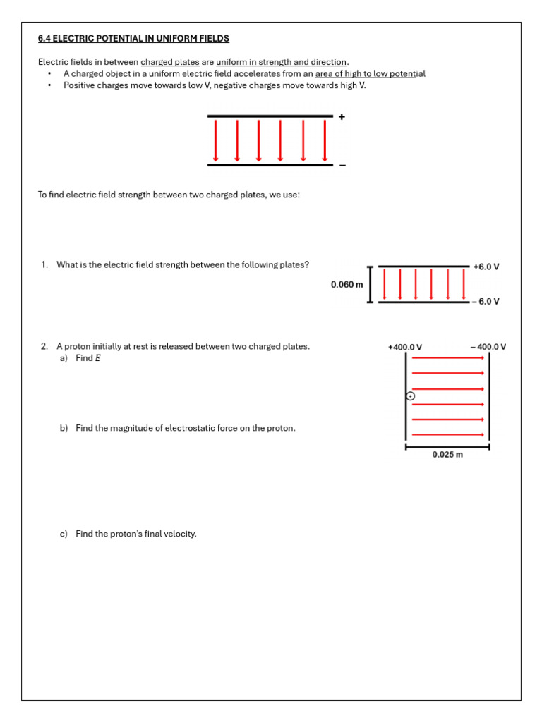 6.4 Notes - Electric Potential in Uniform Fields | PDF