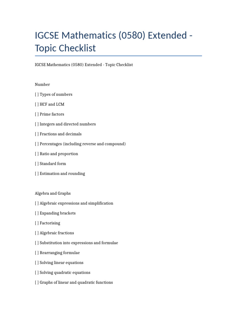 IGCSE Maths Topic Checklist | PDF