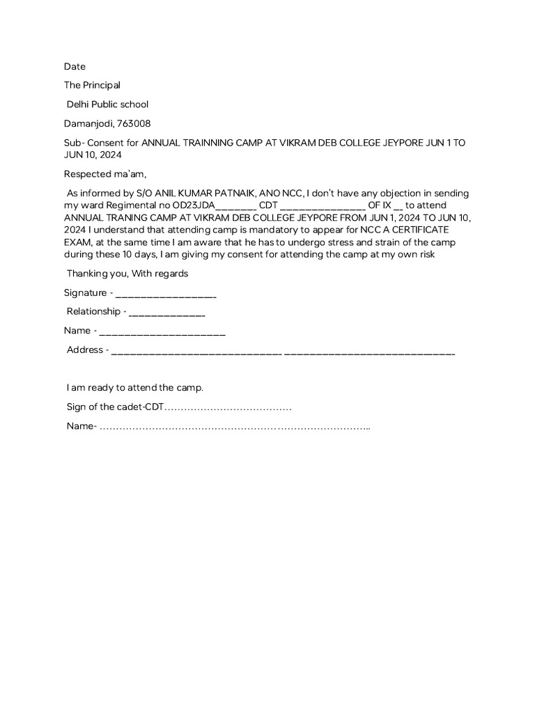 NCC Camp Parental Consent Form 2024 | PDF