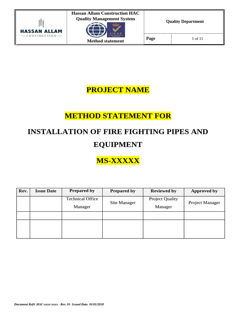 Fire Fighting Pipe Installation Method Statement | PDF | Pipe (Fluid ...
