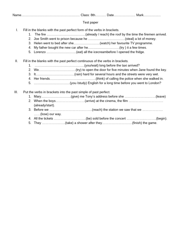 Past Perfect Tense Test for 8th Grade | PDF