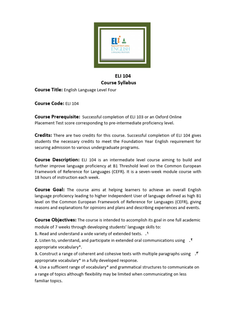 ELI 104 English Course Syllabus | PDF | Vocabulary | Reading Comprehension