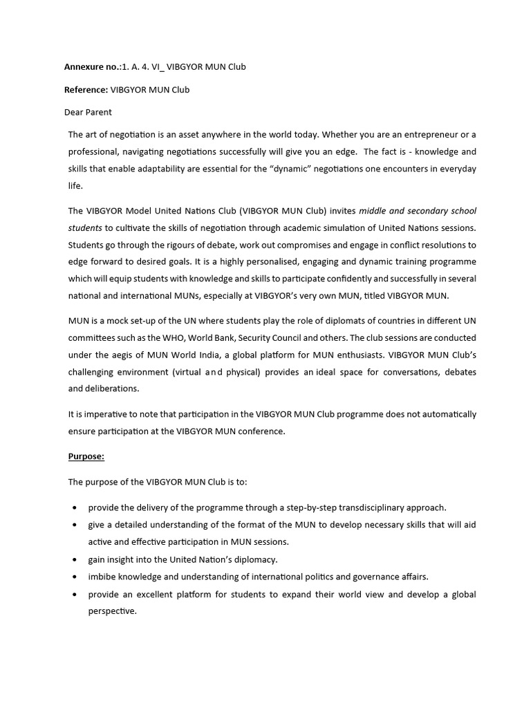 Annexure 1. A. 21 VI - VIBGYOR MUN Club - Cluster 3,4,5, and 6 | PDF | Negotiation