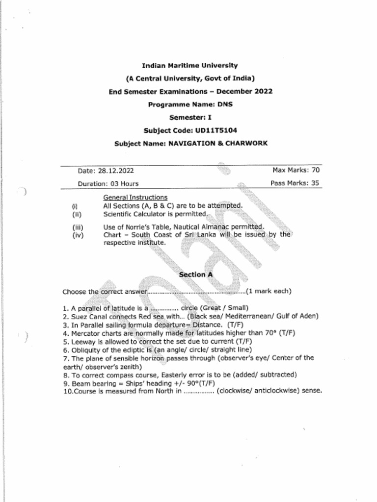 IMU DNS Navgiation 1 & Chartwork 2017 | PDF