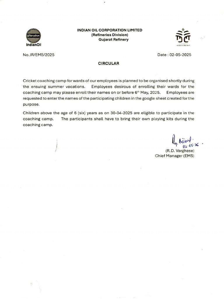 Circular For Cricket Coaching Camp20250502 - 11410783 | PDF