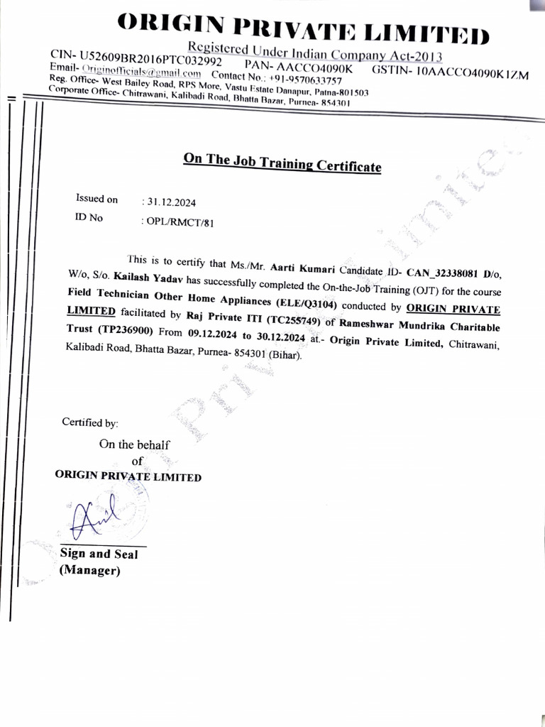 Raj ITI - OJT Certificate - 2671172 | PDF