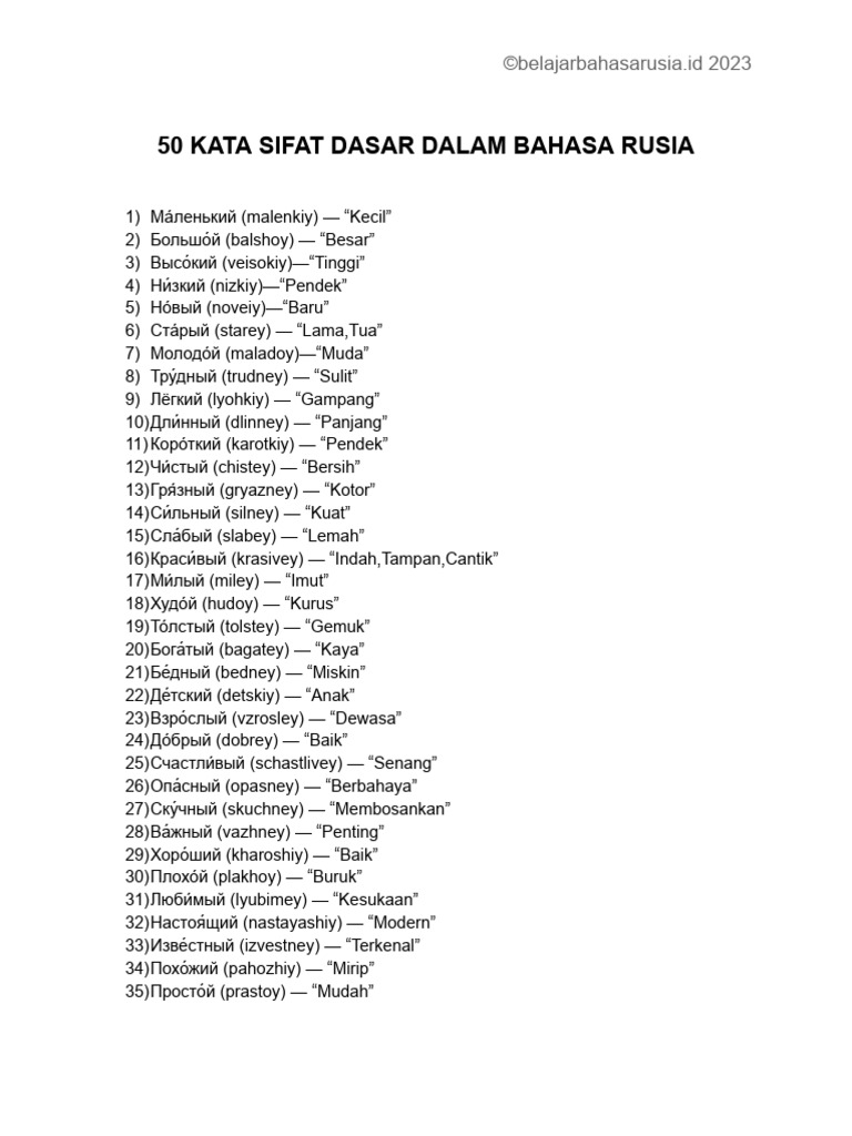 50 Kata Sifat Dasar Dalam Bahasa Rusia | PDF