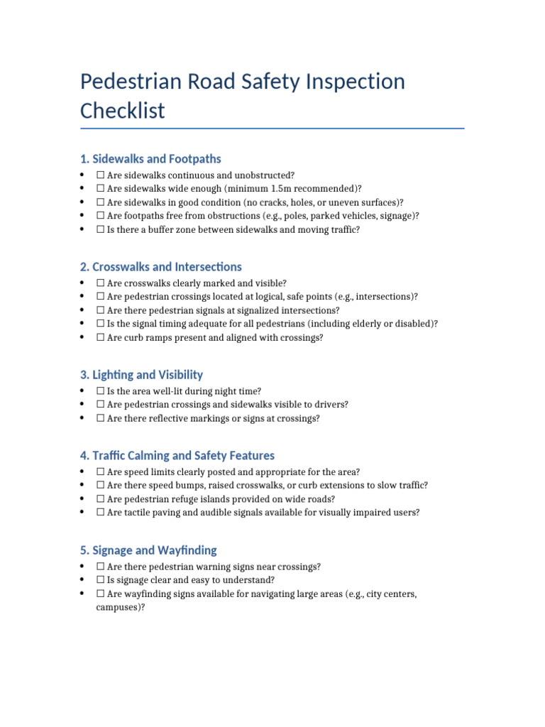 Pedestrian Road Safety Inspection Checklist | PDF