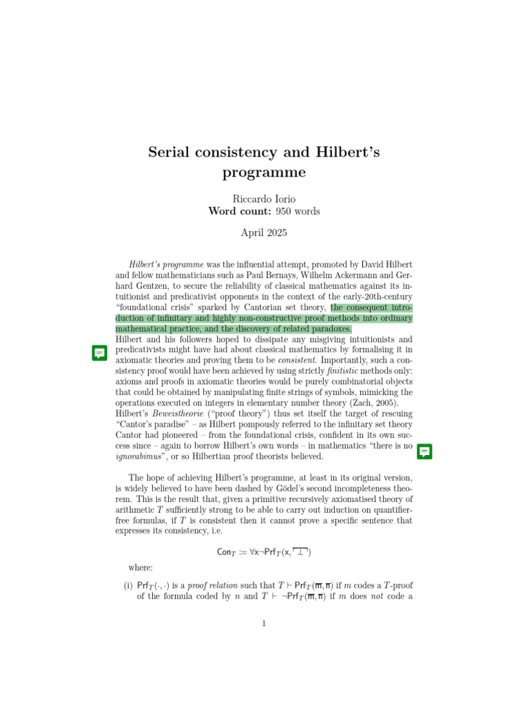 Serial Consistency and Hilbert S Programme | PDF | Axiom | Mathematical Proof