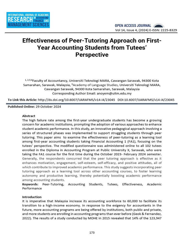 Effectiveness of Peer Tutoring Approach On First Year Accounting Students From Tutees ...