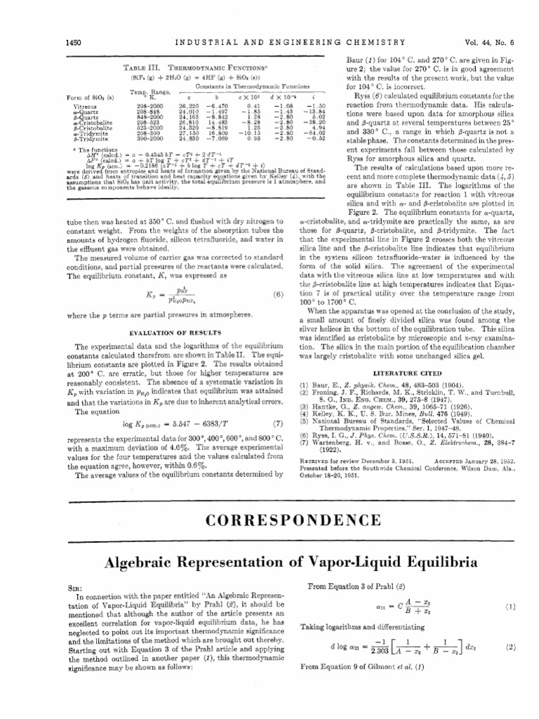 Algebraic Representation of Vapor-Liquid Equilibria: Correspondence | PDF | Chemical Equilibrium ...