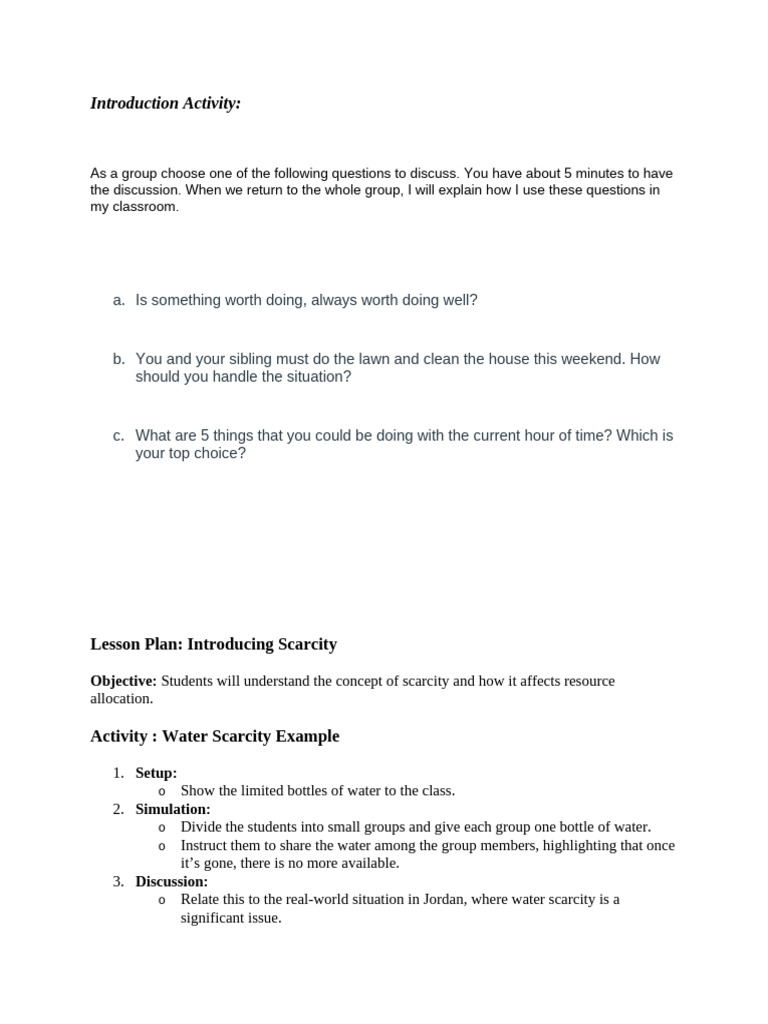 Intro Activity, Scarcity, FoP | PDF | Factors Of Production | Economics