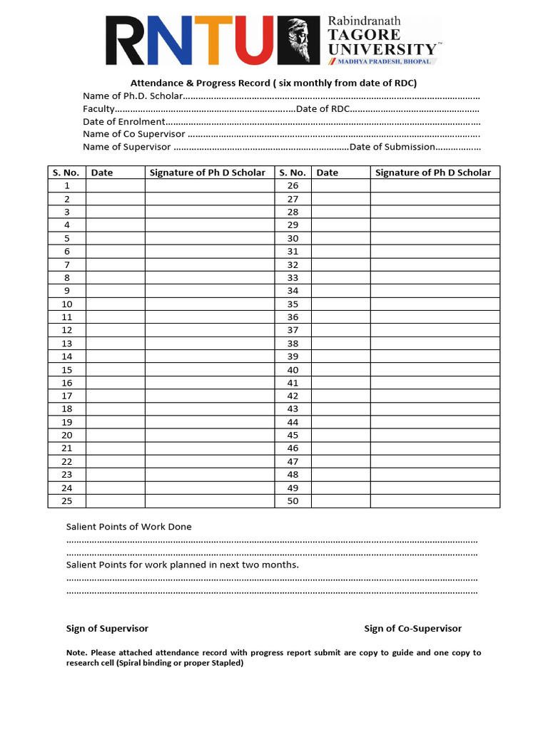 Format (RDC) Attendance & Progress Record - RNTU Bhopal | PDF | Doctor ...