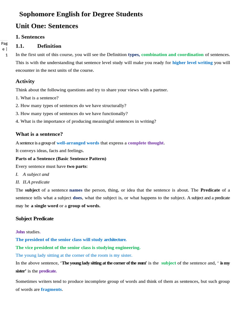 Sophomore English For Degree Students | PDF | Sentence (Linguistics ...