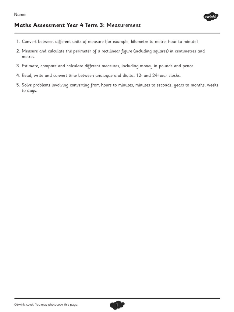 Year 4 Maths Assessment: Measurement | PDF | Area | Quantity
