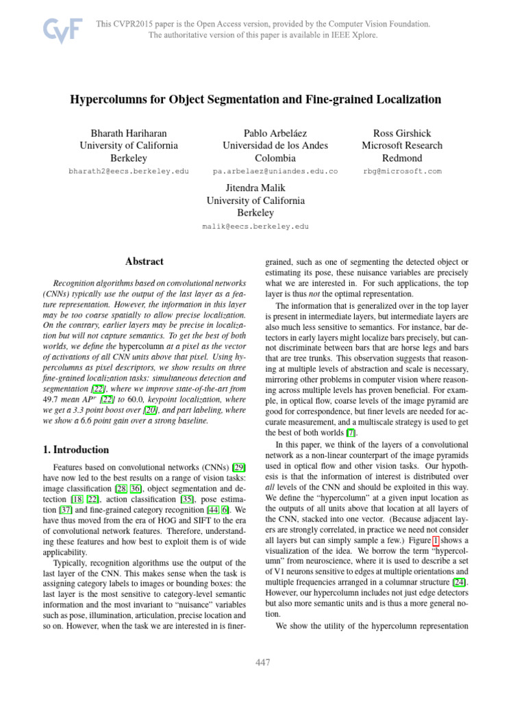 Hariharan Hypercolumns For Object 2015 CVPR Paper | PDF | Image Segmentation | Applied Mathematics
