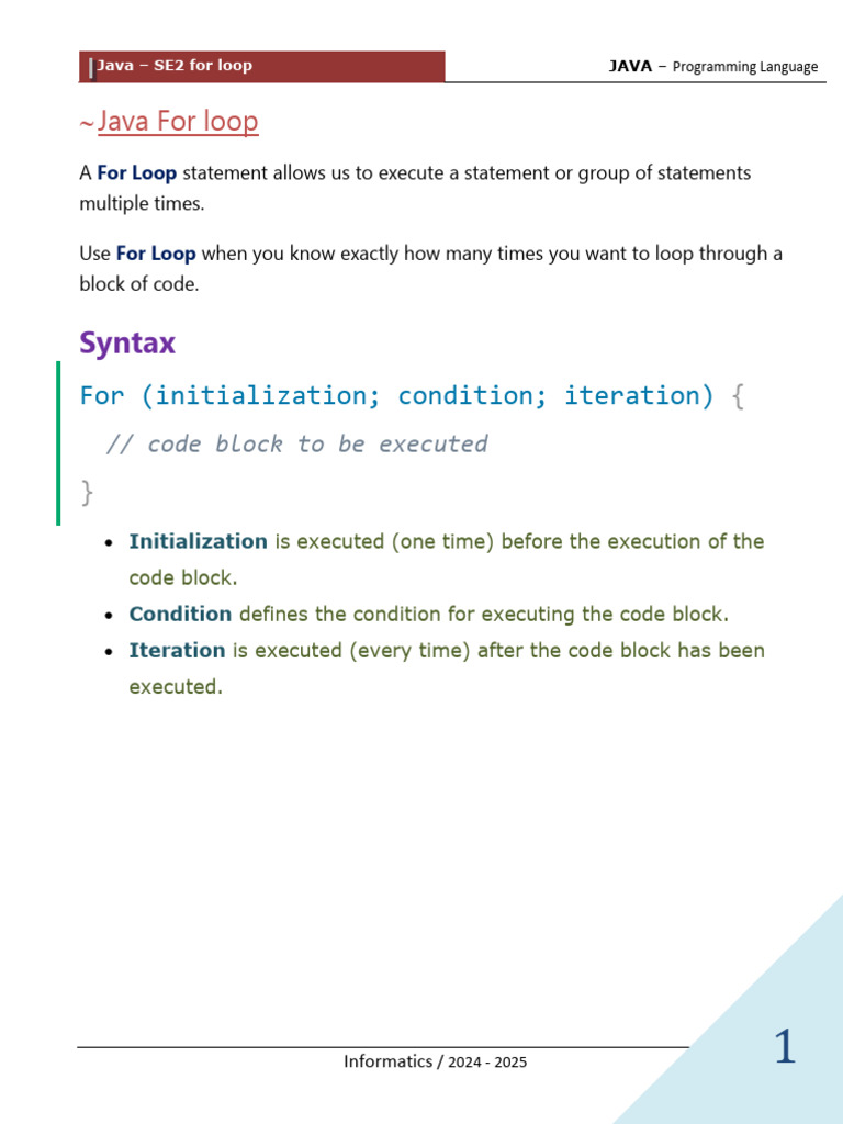 SE2 - JAVA - Part 3 - For Loop | PDF | Control Flow | Integer (Computer Science)