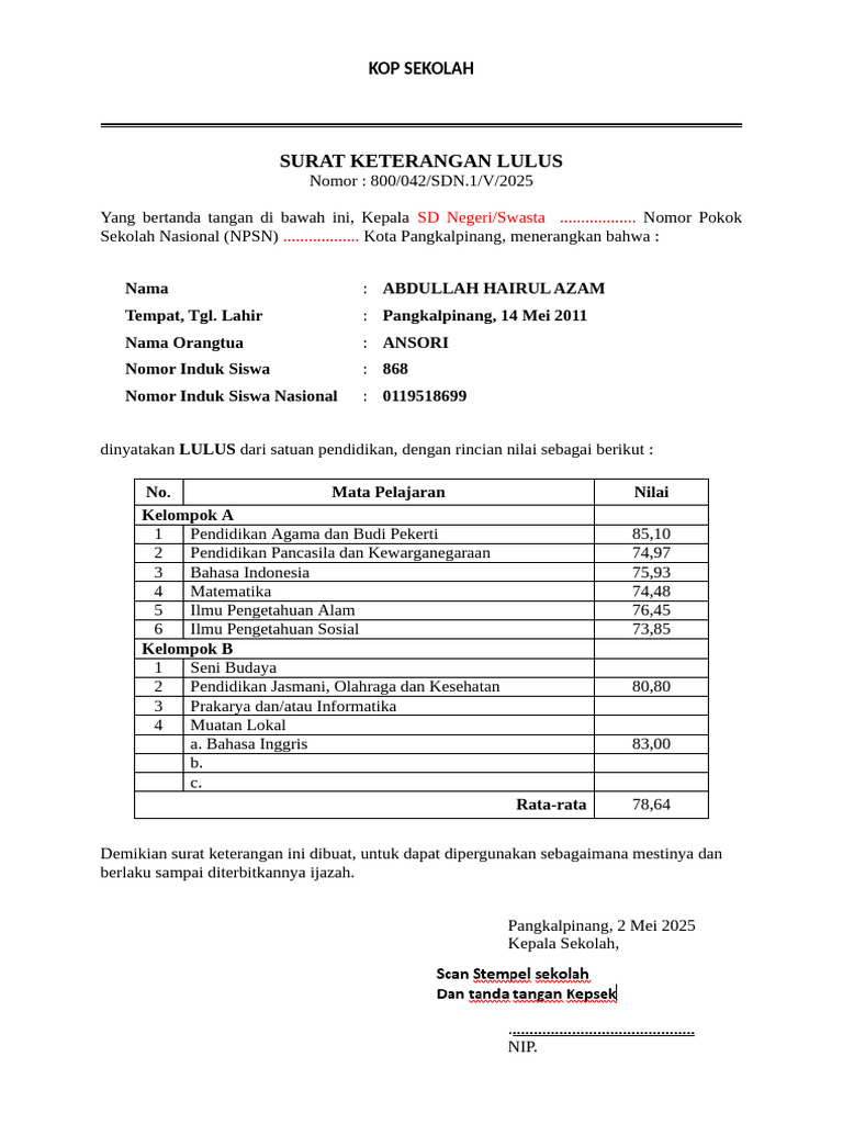 Format SKL 2025 - Kurikulum 13 | PDF