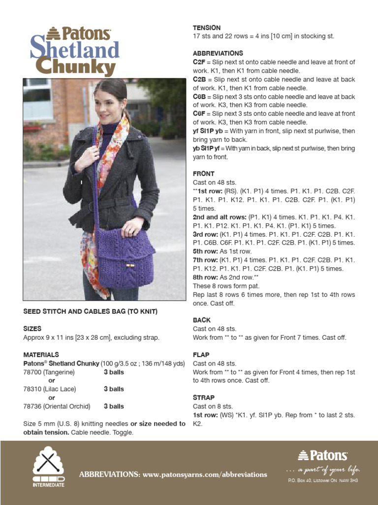 Patons - Seed Stitch and Cables Bag | PDF | Fibers | Needlework