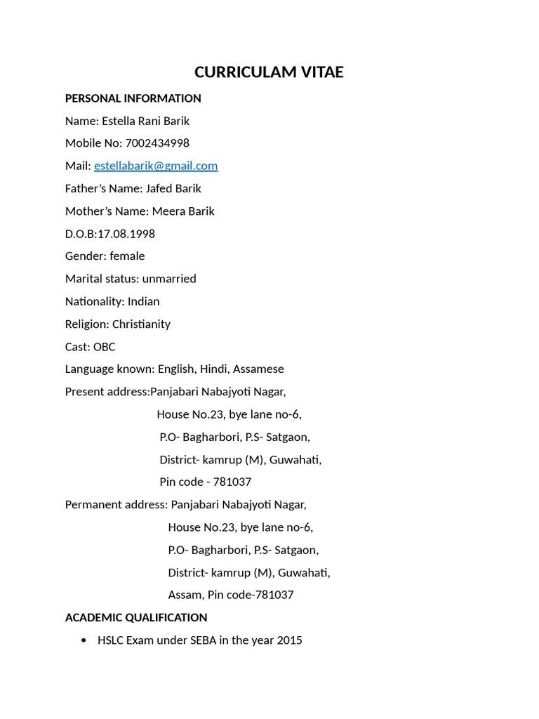 Curriculam Vitae: Personal Information | PDF