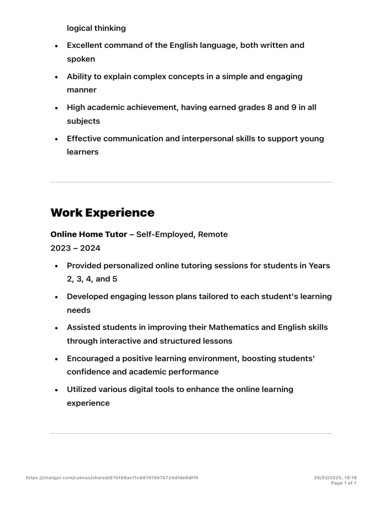 Work Experience: Online Home Tutor | PDF