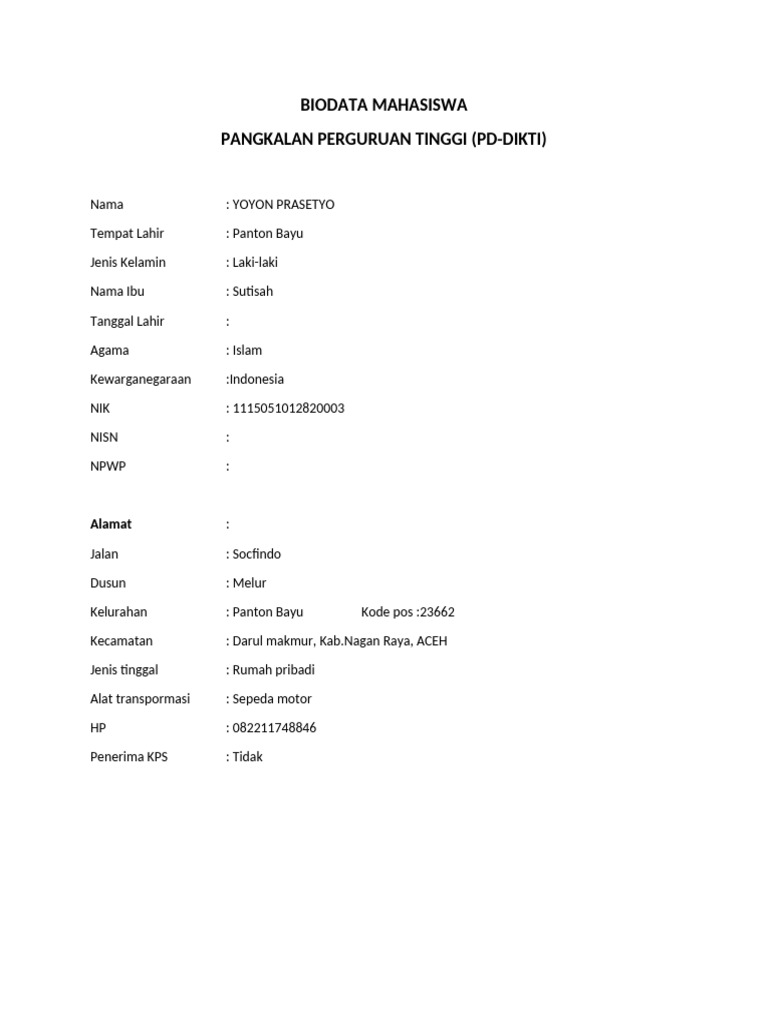 Biodata Mahasiswa | PDF