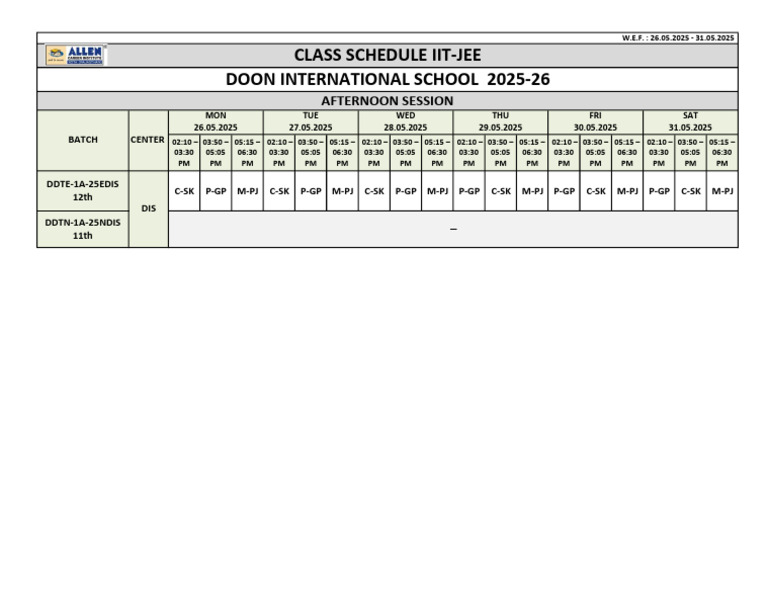 Dis Class Schedule Iit-Jee 26-05-2025 | PDF