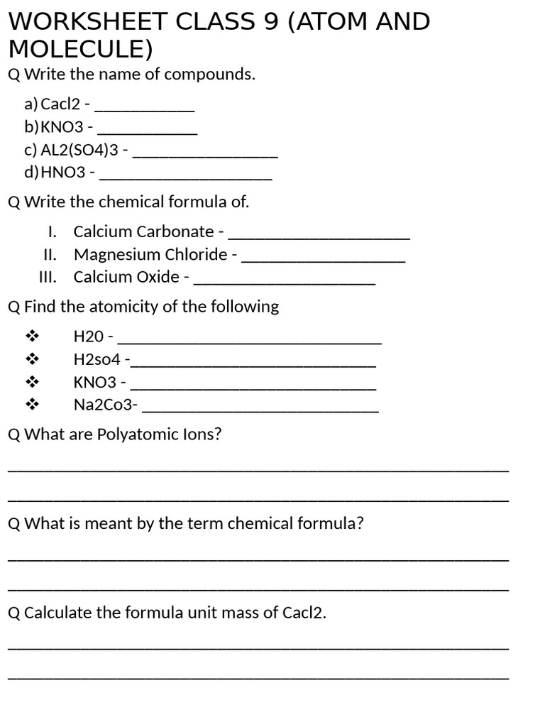 WORKSHEET CLASS 9 Atom and Molecules | PDF
