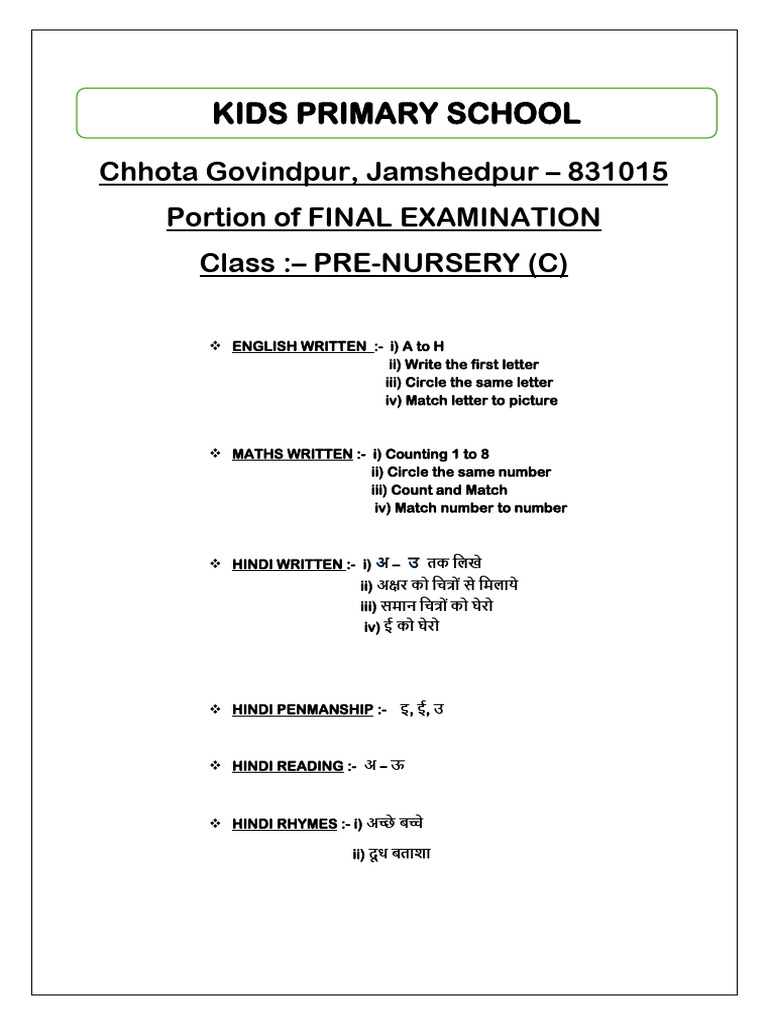 Kids Primary School Final Term Portion Pre - Nursery (A) | PDF