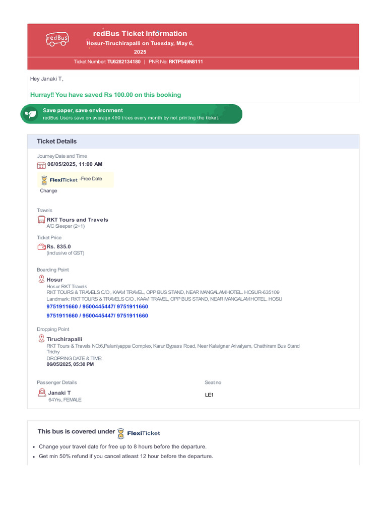 Redbus Ticket Information: Hurray!! You Have Saved Rs 100.00 On This ...