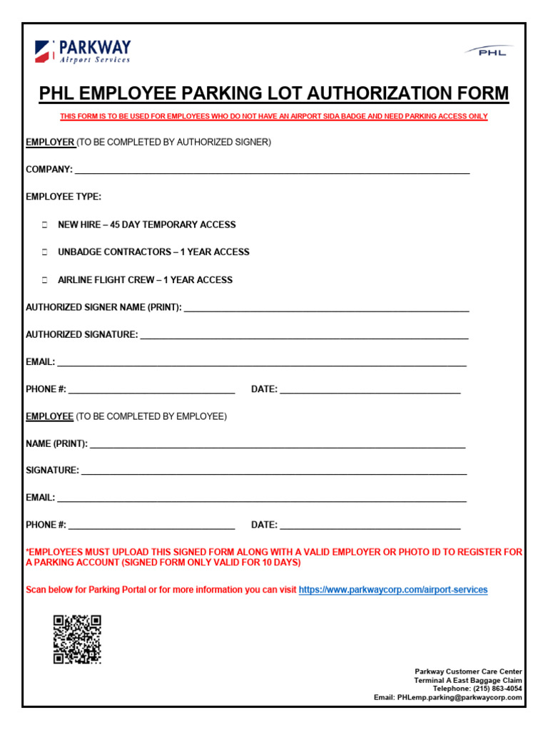 PHL Employee Parking Authorization Form | PDF