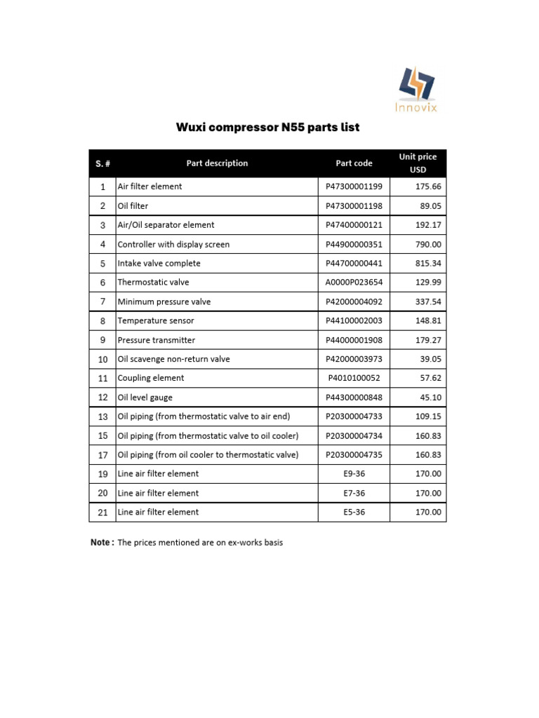 Wuxi N55 Compressor Parts List | PDF