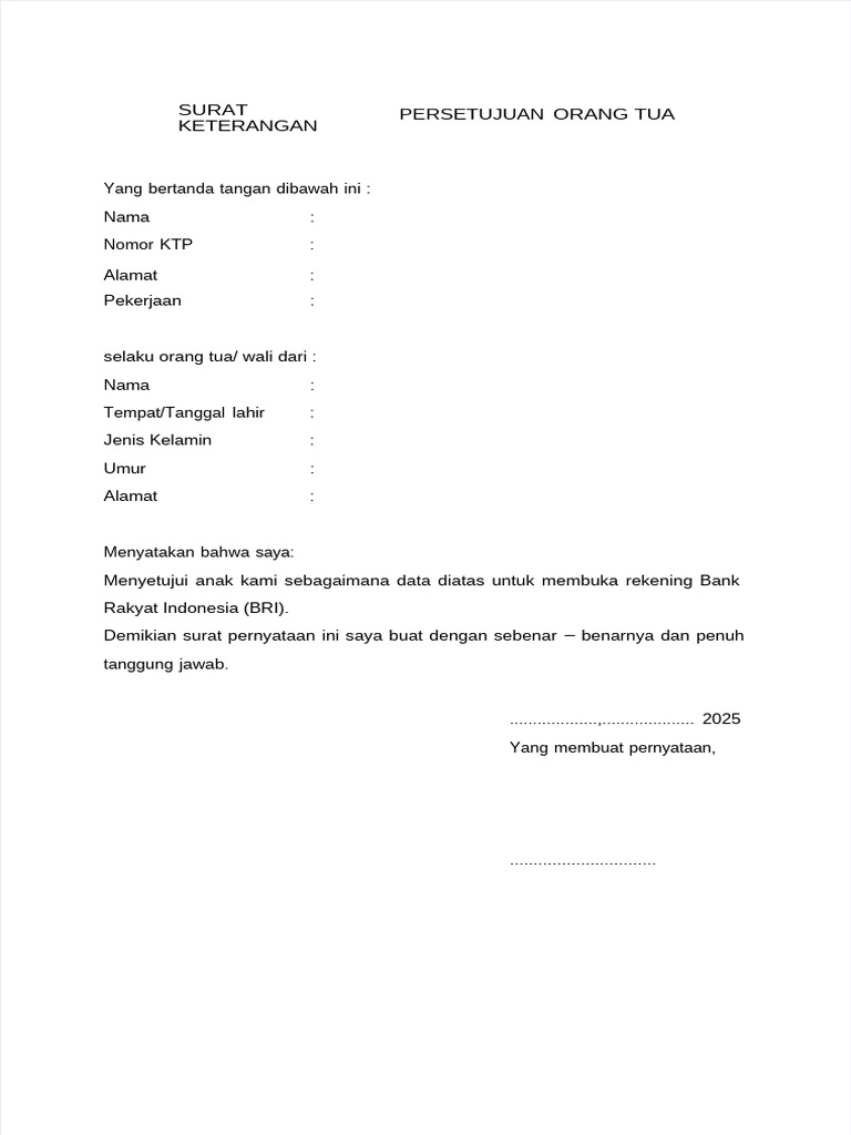 Surat Keterangan Persetujuan Orang Tua Pembuatan Rek | PDF