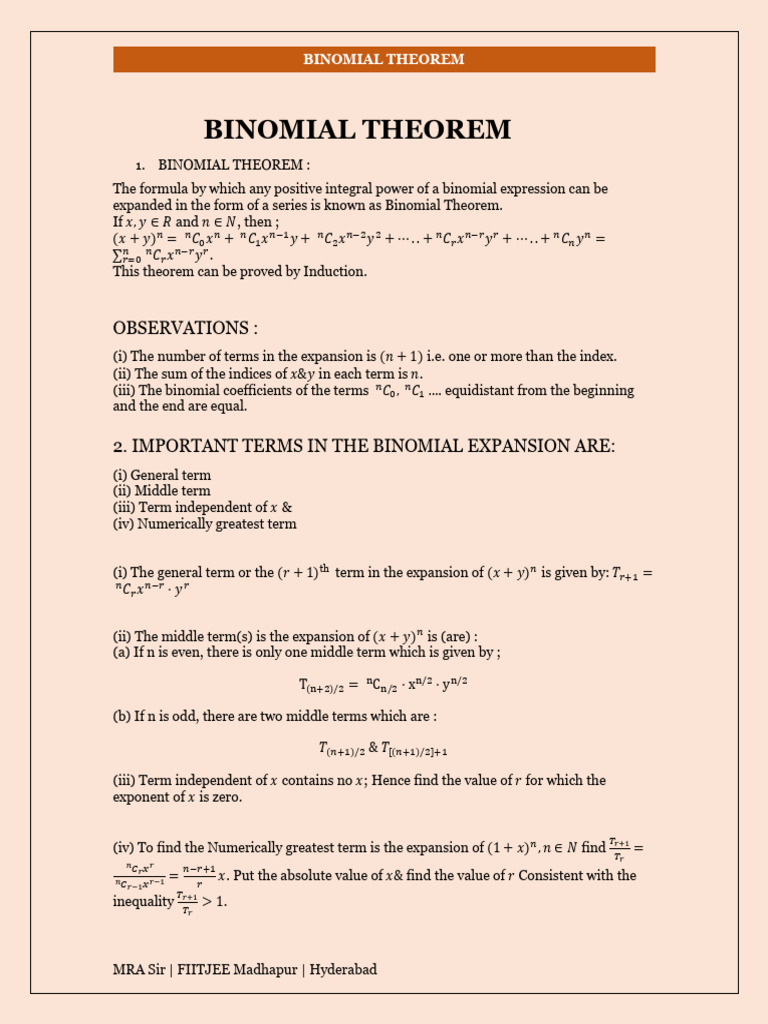 Binomial Theorem Level - 01 MRA Sir | PDF | Algebra | Abstract Algebra