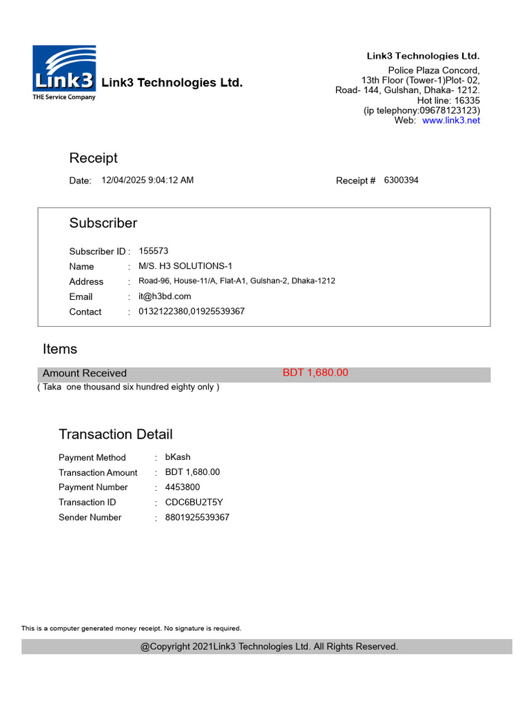 Receipt: Link3 Technologies LTD | PDF