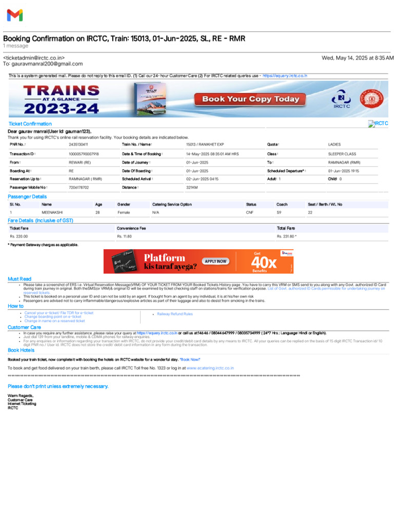 Gmail - Booking Confirmation on IRCTC, Train_ 15013, 01-Jun-2025, SL ...