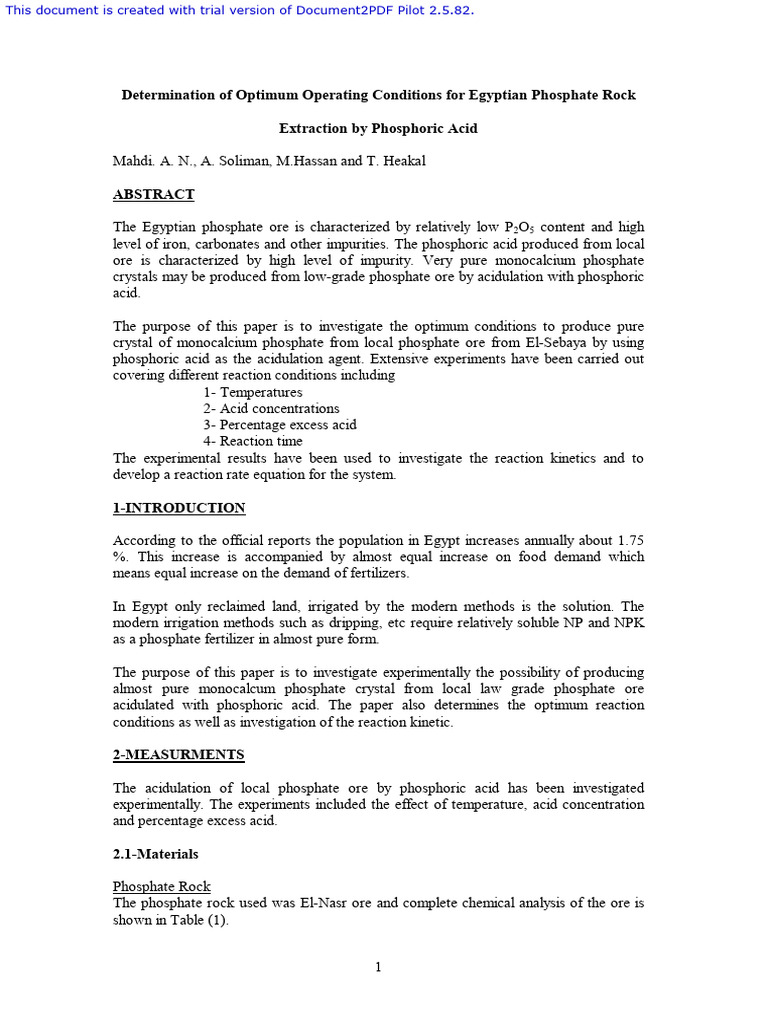 Determination of Optimum Operating Conditions For Egyptian Phosphate ...