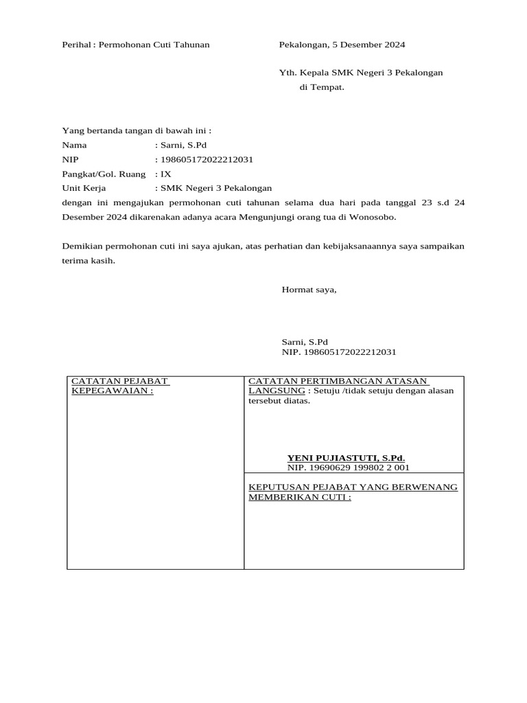 Surat Ijin Cuti Tahunan | PDF