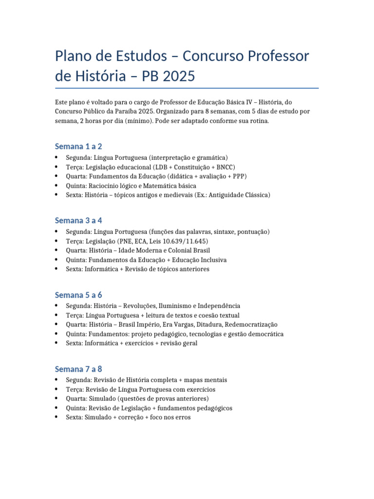 Plano Estudos Professor Historia PB2025 | PDF