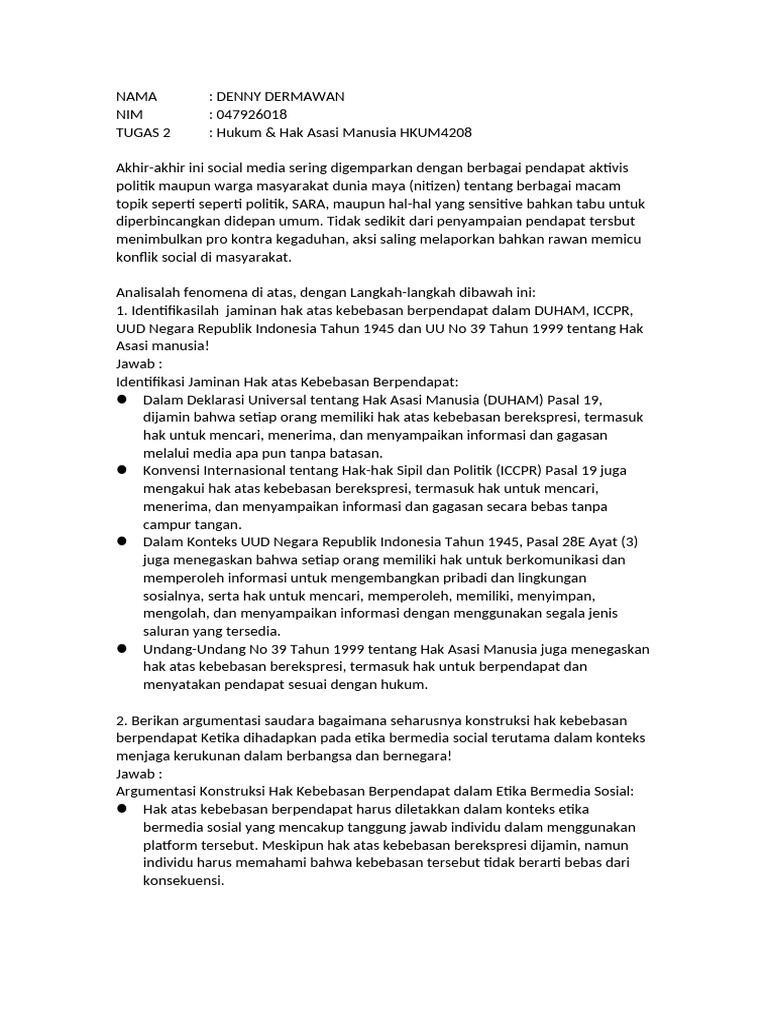 TUGAS 2 Hukum & Hak Asasi Manusia HKUM4208 DENNY DERMAWAN | PDF
