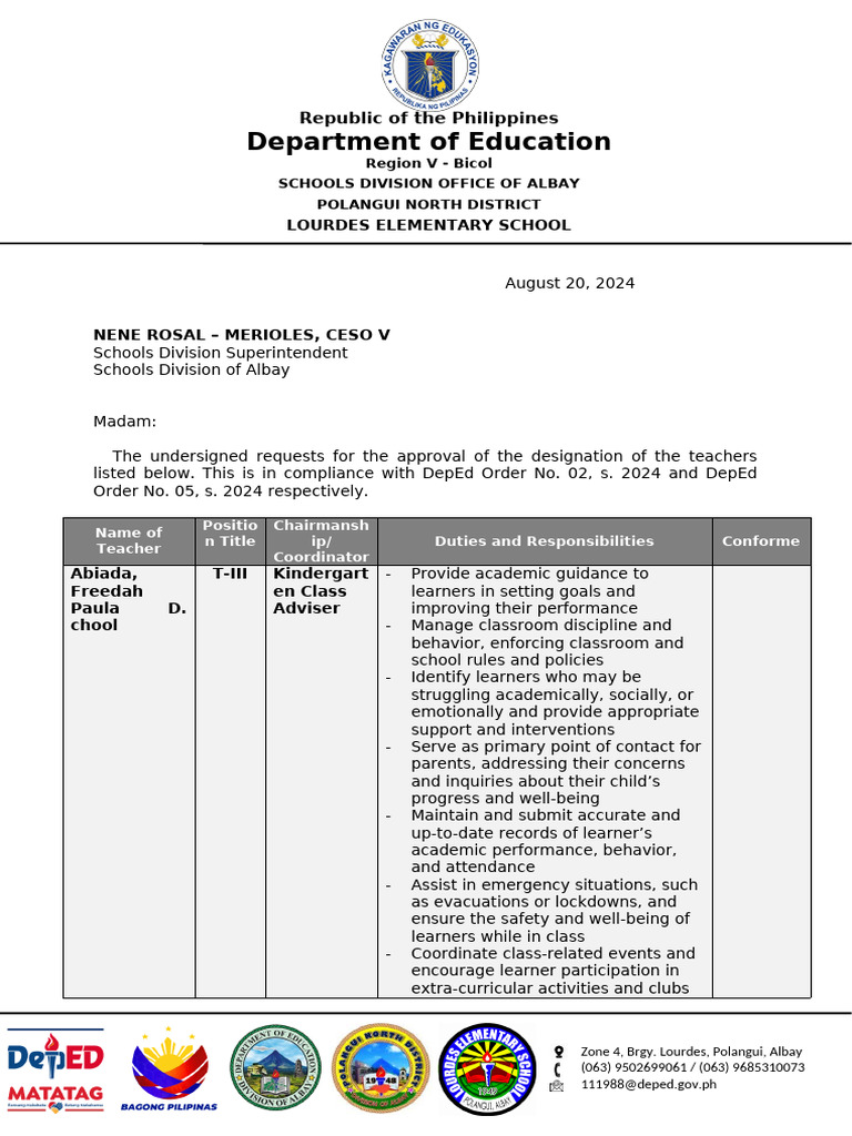 Designation Letter To SDO For Coordinatorship | PDF | Classroom ...