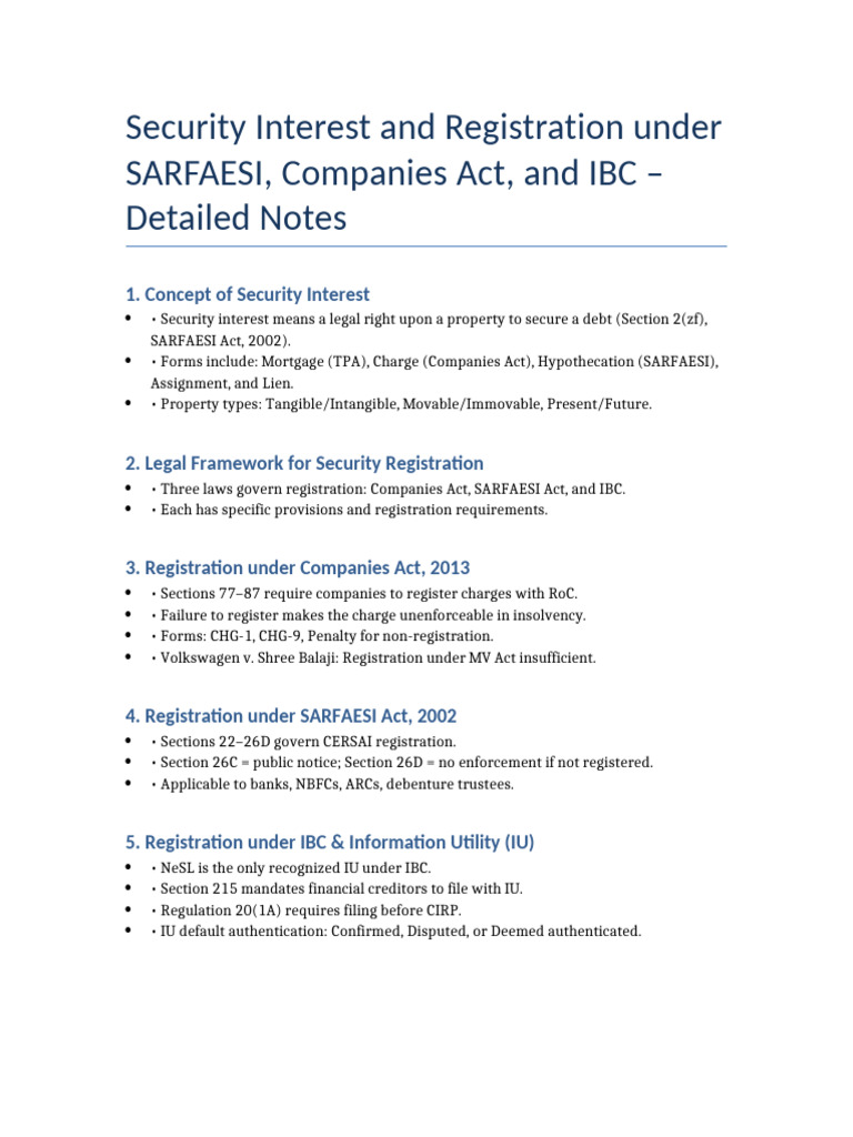 Security Interest Notes SARFAESI IBC Companies Act | PDF | Security ...