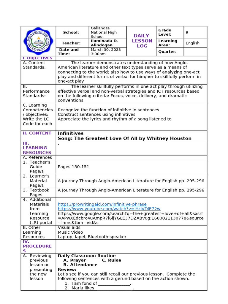 DLL-INFINITIVE-DEMO-LESSON-3RD-Q-2 | PDF | Part Of Speech | Verb