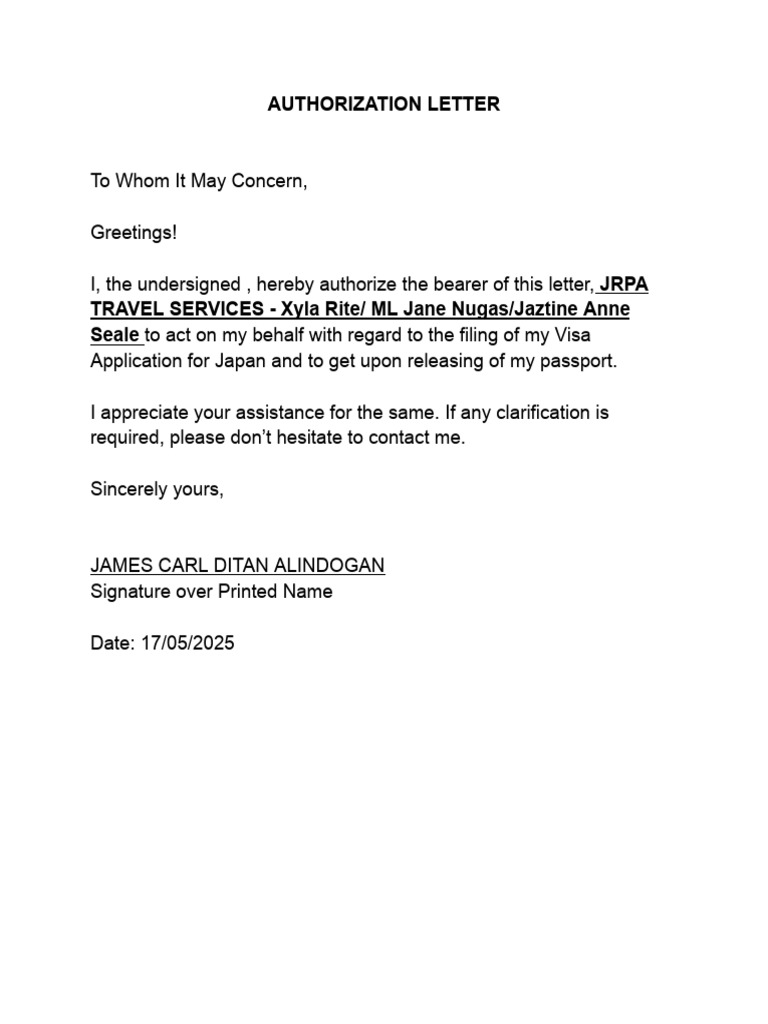 Authorization Letter Japan Visa 2 | PDF