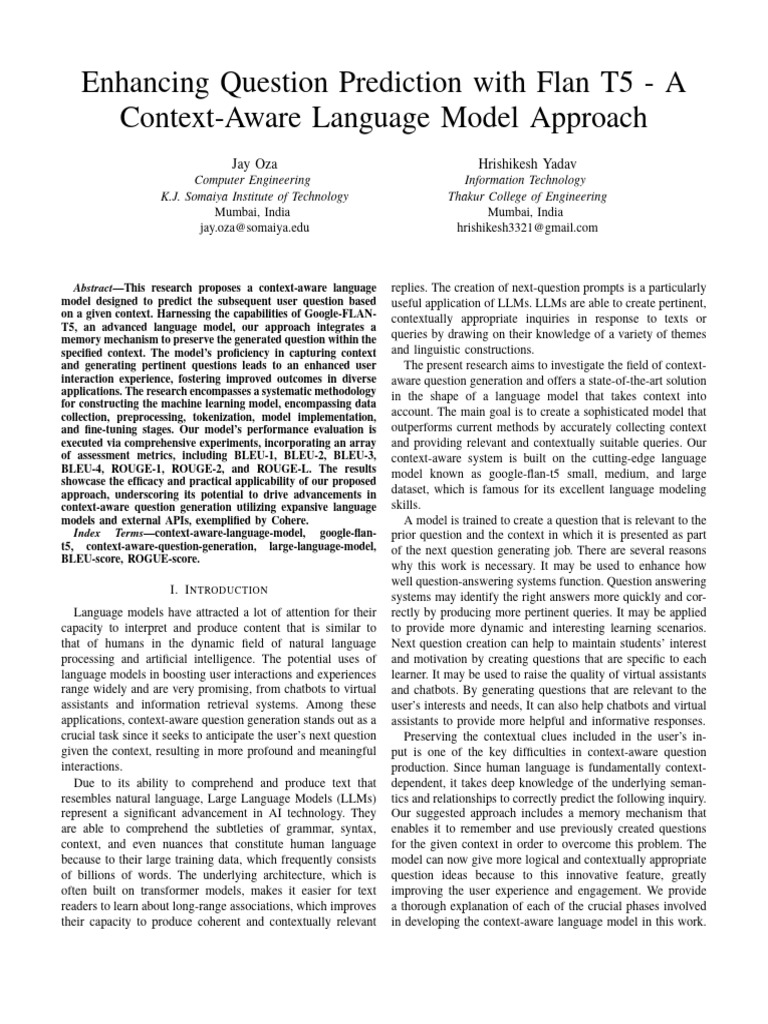 Enhancing Question Prediction With Flan T5 A Context Aware Language Model Approach | PDF ...
