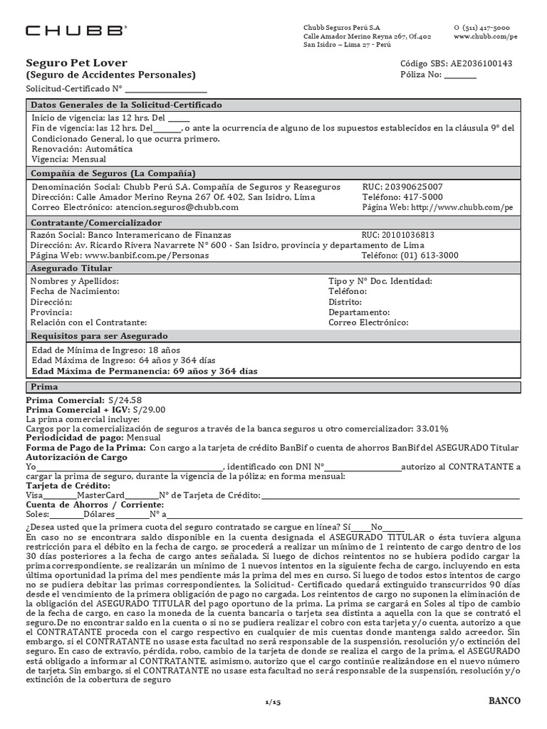 Certificado Seguro Pet Lover CHUBB | PDF | Póliza de seguros | Seguro