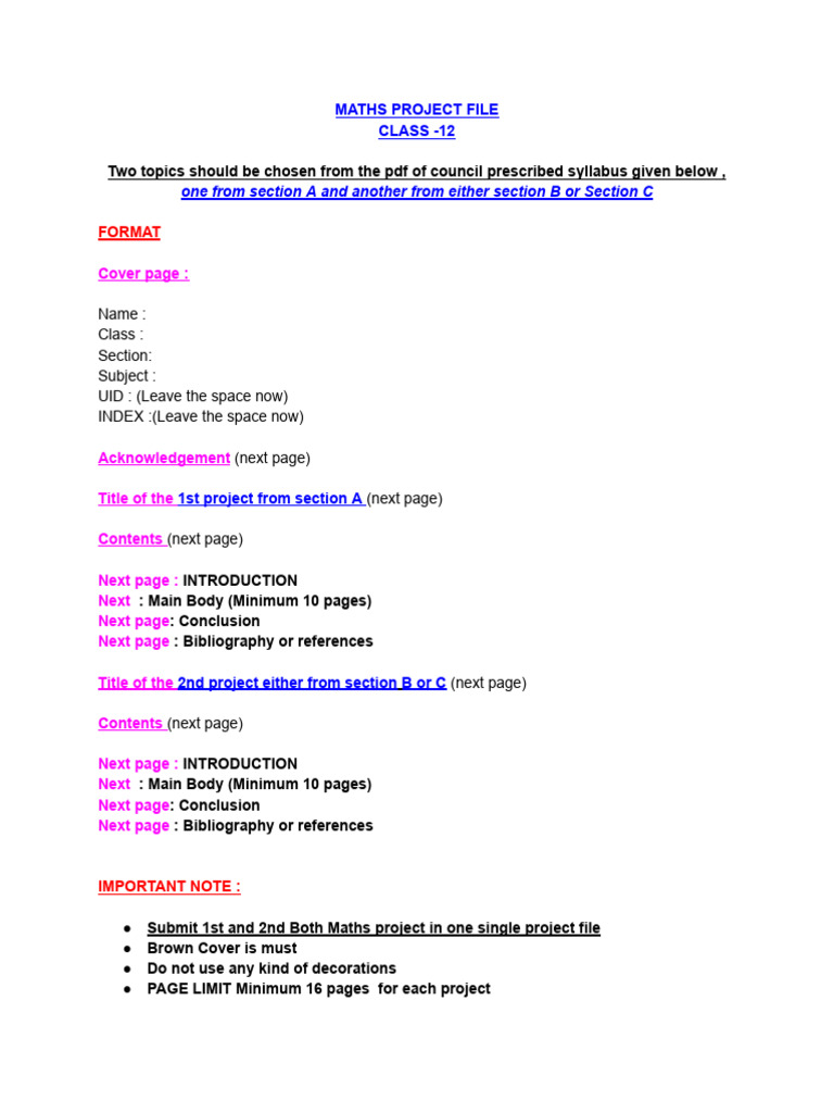 Class 12 Maths Project Format - (2025-26) VVBK | PDF