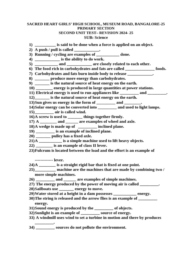 2nd Unit Test SCIENCE Revision 2024 | PDF | Lever | Machines