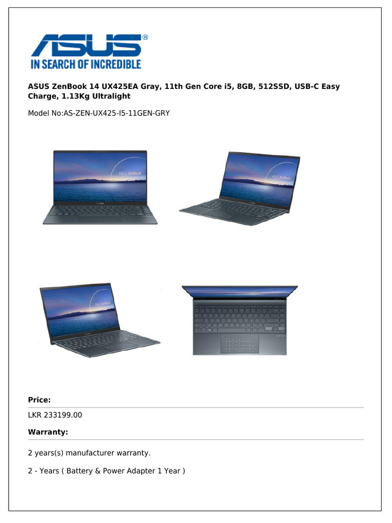 ASUS ZenBook 14 UX425EA Laptop Specs | PDF | Computing | Personal Computers